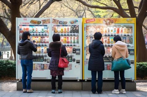 우에노 공원에서 자동판매기를 사용하는 사람들 프리미엄 Ai 생성 이미지