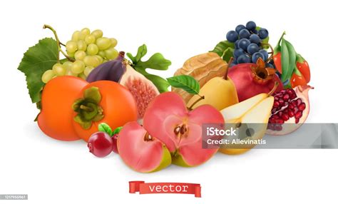가을 과일과 열매 배 핑크 사과 화이트 스위트 포도와 와인 포도 무화과 고지 베리 감 과일 석류 3d 사실적인 벡터 일러스트레이션 가을에 대한 스톡 벡터 아트 및 기타