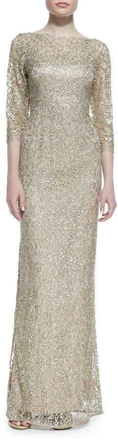 Kay Unger New York 3 4 Sleeves Sequin Lace Overlay Gown Rose Gold