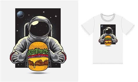 티셔츠 디자인 프리미엄 벡터로 햄버거 일러스트레이션을 먹는 우주 비행사 먹기에 대한 스톡 벡터 아트 및 기타 이미지 먹기 우주 비행사 우주복 Istock