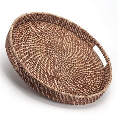 Round Rattan Woven Serving Tray With Handles Ottoman Tray For Breakfast
