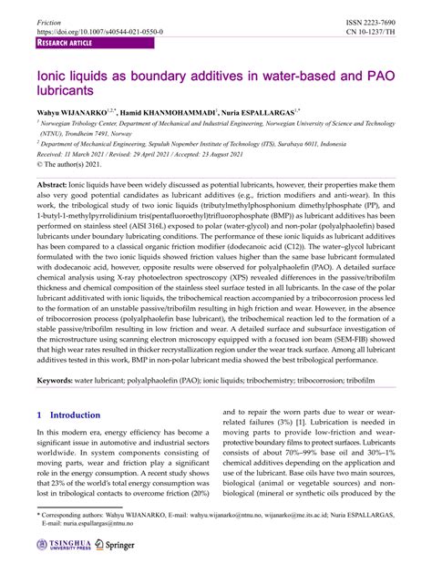 Pdf Ionic Liquids As Boundary Additives In Water Based And Pao Lubricants