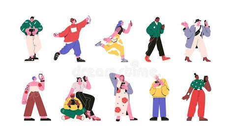 People Using Mobile Phones Set Smartphone Users Holding Cellphones In Hands Surfing Online