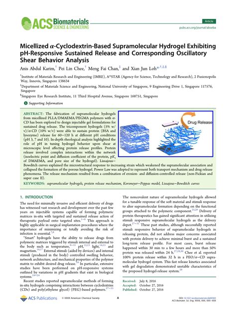 Pdf Micellized α Cyclodextrin Based Supramolecular Hydrogel Exhibiting Ph Responsive Sustained