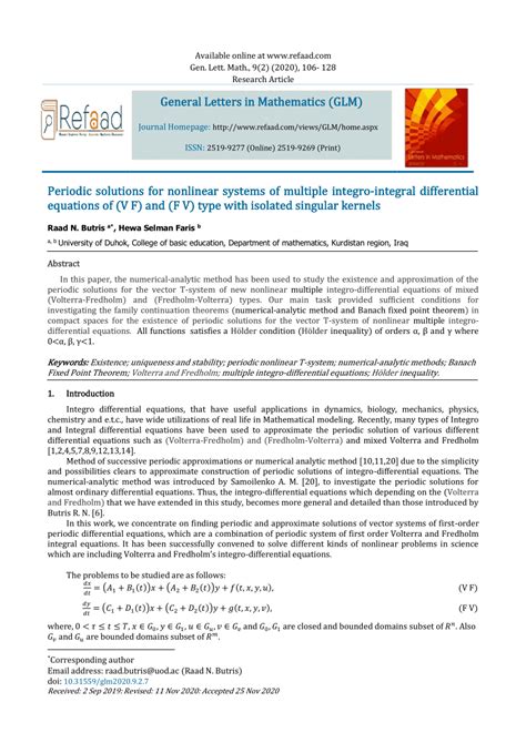 Pdf Periodic Solutions For Nonlinear Systems Of Multiple Integro