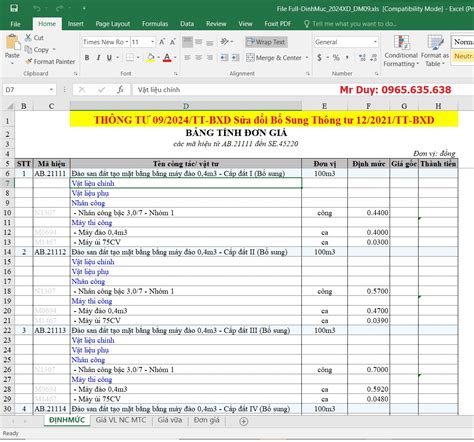 File Excel Thông Tư 09 2024 Tt Bxd Sửa đổi Bổ Sung Thông Tư 12