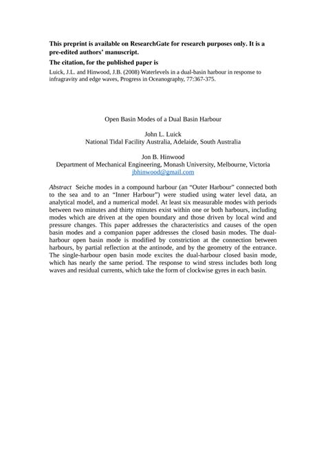 Pdf Water Levels In A Dual Basin Harbour In Response To Infragravity