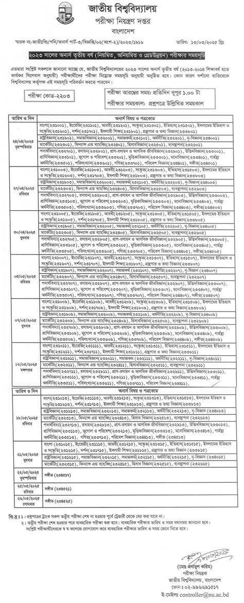 Nu Honours 3rd Year Routine 2025 অনার্স ৩য় বর্ষ রুটিন
