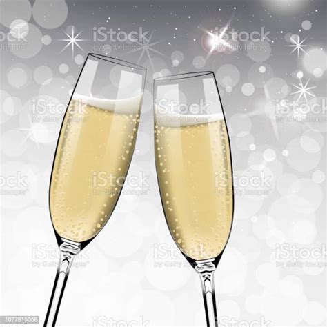벡터 현실적인 스타일에 흰 눈 배경에서 샴페인 잔을 홀 짝과 행복 한 새 해 인사말 카드 또는 파티 초대 골든 밝은 일러스트