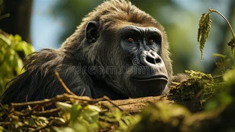 A Gorilla Sitting In The Grass Generative Ai Stock Illustration