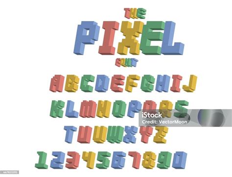 픽셀 복고풍 글꼴 비디오 컴퓨터 게임 디자인 8 비트 문자 번호 전자 미래 스타일 벡터 Abc 서체 디지털 크리에이 티브 알파벳 절연 3차원 형태에 대한 스톡 벡터 아트 및