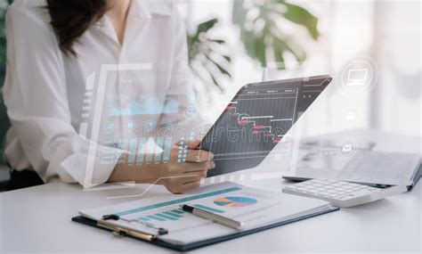 Woman Hand Project Manager Working And Update Tasks And Gantt Chart Scheduling Virtual Diagram