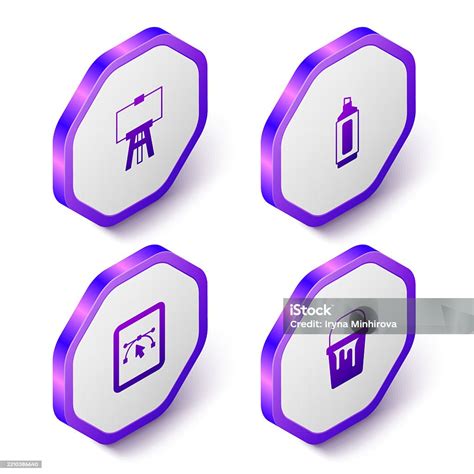 아이소 메트릭 우드 이젤 마커 펜 디자인 프로그램이있는 컴퓨터 및 페인트 통 아이콘을 설정합니다 보라색 육각형 버튼 벡터 3차원 형태에 대한 스톡 벡터 아트 및 기타 이미지