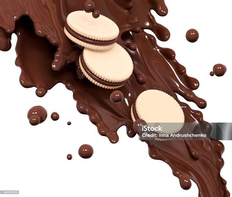 핫 초콜릿 스플래쉬 소스 또는 시럽 코코아 음료 또는 초코 크림 녹은 초콜릿 웨이브 액체 배경 디저트 고립 된 3d 렌더링의 바삭하고 바삭 바삭한 비스킷 또는 쿠키 밀크