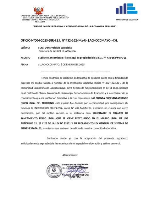 Solicitud De Saneamiento Legal I E I Huamanga Pdf