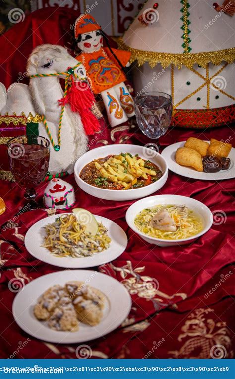 Kazakh Festive Table With National Dishes Traditional Dastarkhan Stock