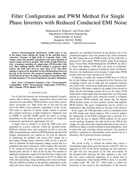 Pdf Filter Configuration And Pwm Method For Single Phase Inverters With Reduced Conducted Emi