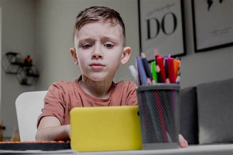 Boy Thinking Solving Problem Mental Arithmetic Adding Numbers Stock