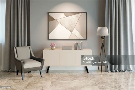 2 개의 창문 받침대에 장식 램프 안락 의자 및 그림이있는 현대적인 객실의 인테리어 전면 뷰입니다 커튼에 대한 스톡 사진 및 기타 이미지 Istock