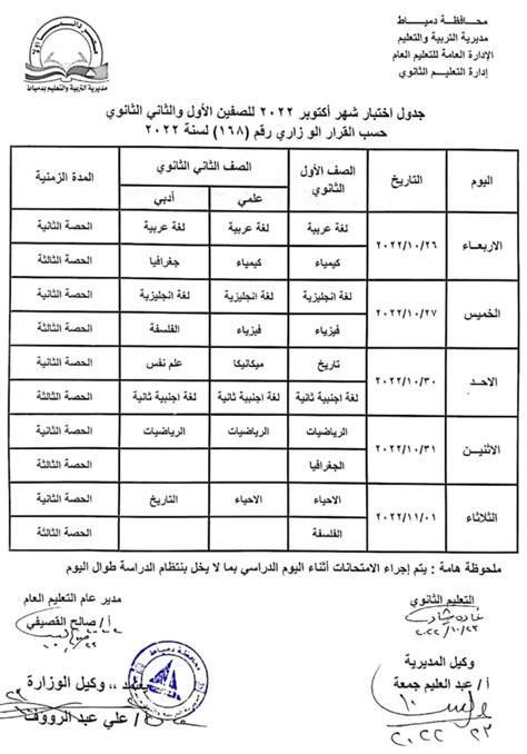 جدول امتحانات شهر أكتوبر 2022 محافظة دمياط جميع الصفوف شبابيك