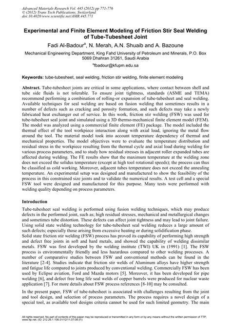 Pdf Experimental And Finite Element Modeling Of Friction Stir Seal Welding Of Tube Tubesheet Joint