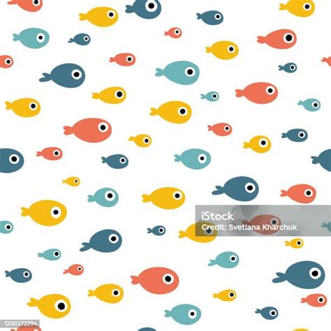 작은 물고기 떼 간단한 스칸디나비아 스타일의 벡터 원활한 패턴 제한된 팔레트의 손으로 그린 만화 일러스트는 직물 포장 등에