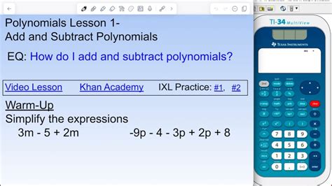 Polynomials Lesson 1 Add And Subtract Polynomials Youtube