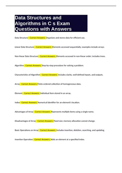 Data Structures And Algorithms In C S Exam Questions With Answers