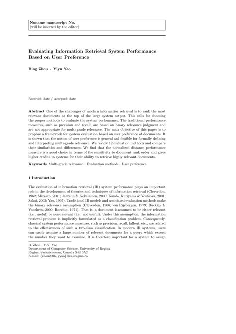 Pdf Evaluating Information Retrieval System Performance Based On User Preference