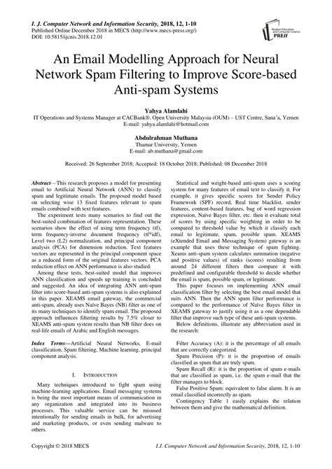 Pdf An Email Modelling Approach For Neural Network Spam Filtering To