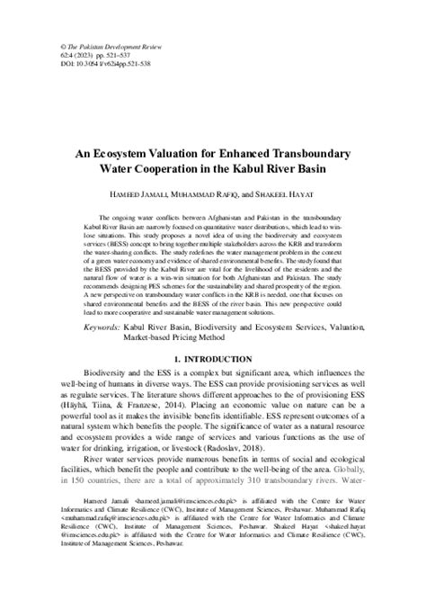 Pdf An Ecosystem Valuation For Enhanced Transboundary Water Cooperation In The Kabul River Basin