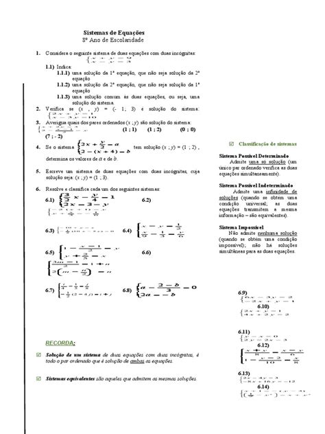 Ficha Sistemas 8 Ano Pdf Equações Matemática