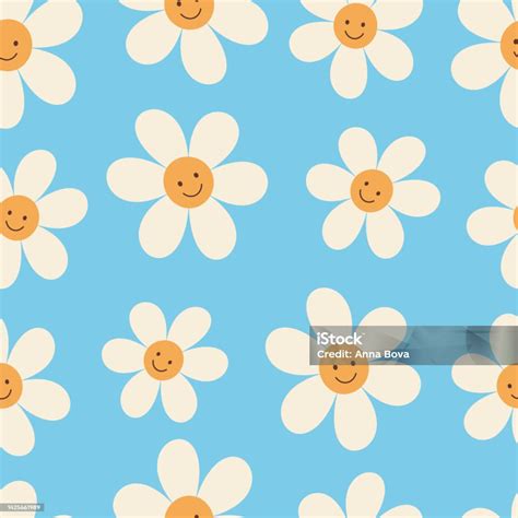 1970 년 미소와 데이지와 함께 매끄럽고 순진한 패턴 히피 미학 복고풍 꽃 파란색 배경 손으로 그린 벡터 일러스트레이션 평면 디자인 보육원 인쇄 0명에 대한 스톡 벡터