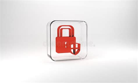 Red Shield Security With Lock Icon Isolated On Grey Background