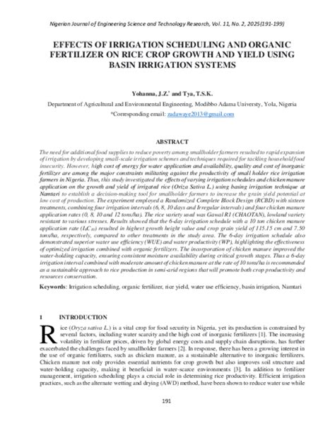 Pdf Effects Of Irrigation Scheduling And Organic Fertilizer On Rice Crop Growth And Yield