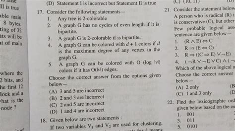 17 Consider The Following Statements 1 Any Tree Is 2 Colorable 2 A Graph G Has No Cycles Of