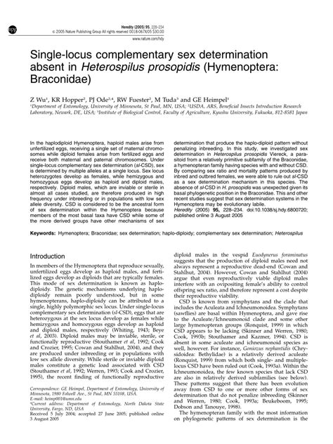 Pdf Single Locus Complementary Sex Determination Absent In Heterospilus Prosopidis