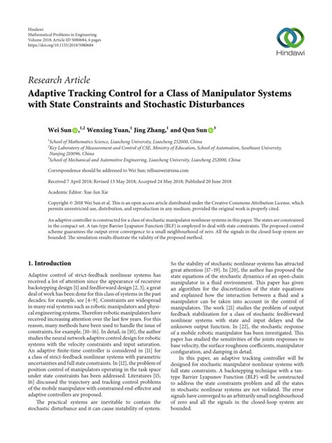 Pdf Adaptive Tracking Control For A Class Of Manipulator Systems With
