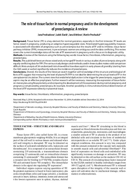 The Role Of Tissue Factor In Normal Pregnancy And In The Development Of Preeclampsia A Review