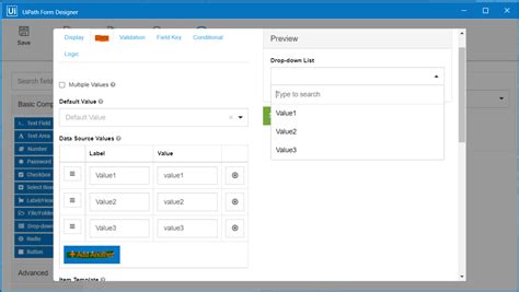 how to create a uipath form to select multiple values from a single