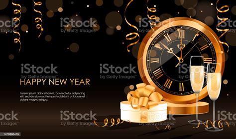 황금 텍스트가 있는 검은색 배경에 새해 복 많이 받으세요 2022 배너 금색 큰 시계가 있는 인사말 카드 위에 큰 활이 있는