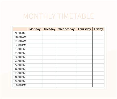 Monthly Timetable Excel Template And Google Sheets File For Free Download Slidesdocs