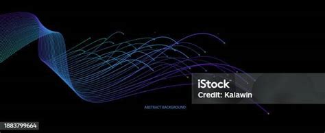 Ai 기술의 개념에 대한 검은 색 배경에 고립 된 파란색 색상의 벡터 추상 조명 라인 물결 모양으로 흐르는 역동적 인 라인 5g