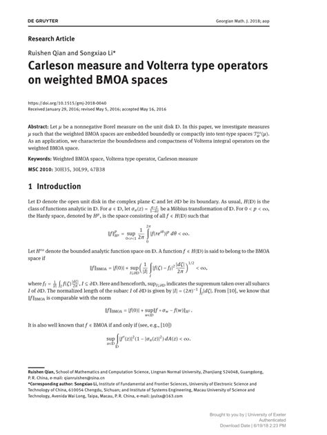 Pdf Carleson Measure And Volterra Type Operators On Weighted Bmoa Spaces