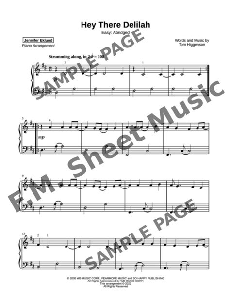 Hey There Delilah Easy Piano By Plain White Ts Fm Sheet Music