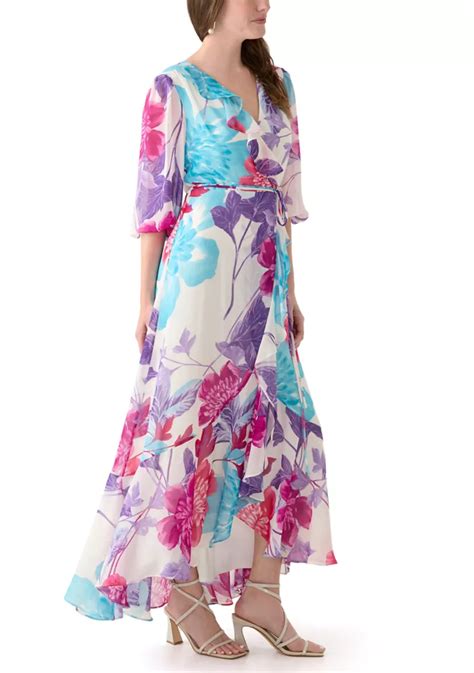 Maison Tara Womens 34 Sleeve V Neck Floral Print Chiffon Maxi Dress