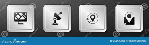 Set Monitor With Map Location Radar Map Pin And Folded Marker Icon Silver Square Button