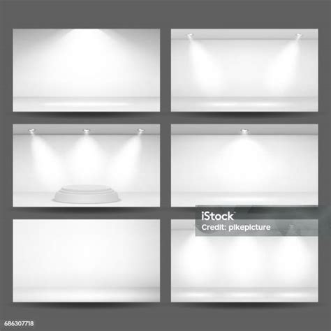빈 흰색 사진 스튜디오 인테리어 배경 세트입니다 사진 스튜디오 룸입니다 빛 인테리어 현장 모의 정리 합니다 갤러리 건축 설계입니다 벡터 일러스트 레이 션 벽에 대한 스톡