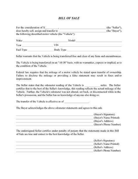 Vehicle Bill Of Sale Nc Template