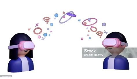 Vr 메타버스 기술의 정보 플랫폼 개념을 공유하는 비주얼 리얼리티 안경을 가진 소녀 소년의 3d 렌더링 3d 렌더 일러스트 만화 스타일 3차원 형태에 대한 스톡 사진 및